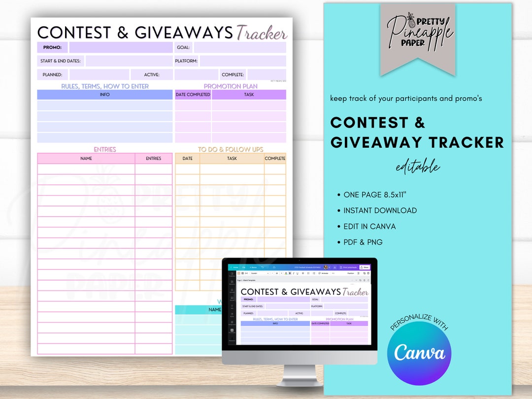 Editable Contest and Giveaway Tracker Instant Download Edit in Canva ...