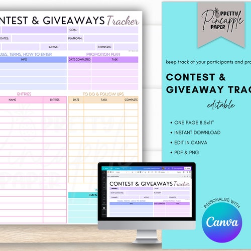 Printable Contest and Giveaway Tracker Planner Sheet Instant - Etsy