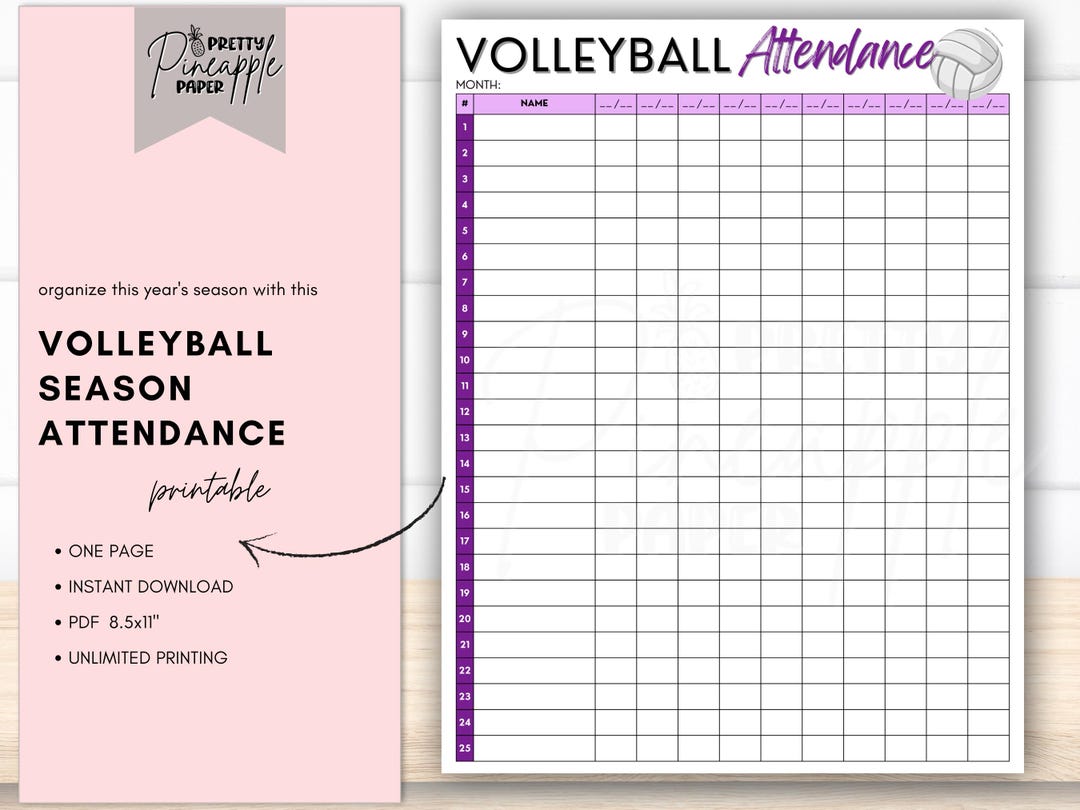 Printable Volleyball Season Attendance Sheet Instant Download Template ...