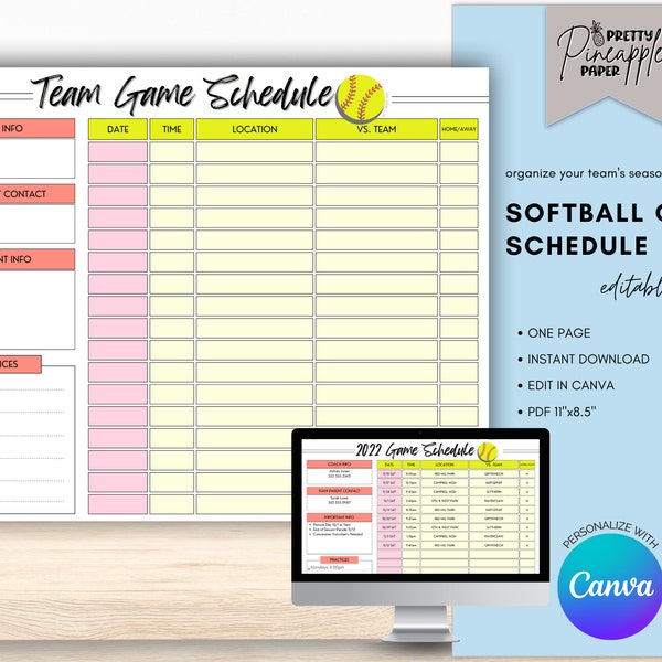 Softball Schedule Template - Etsy