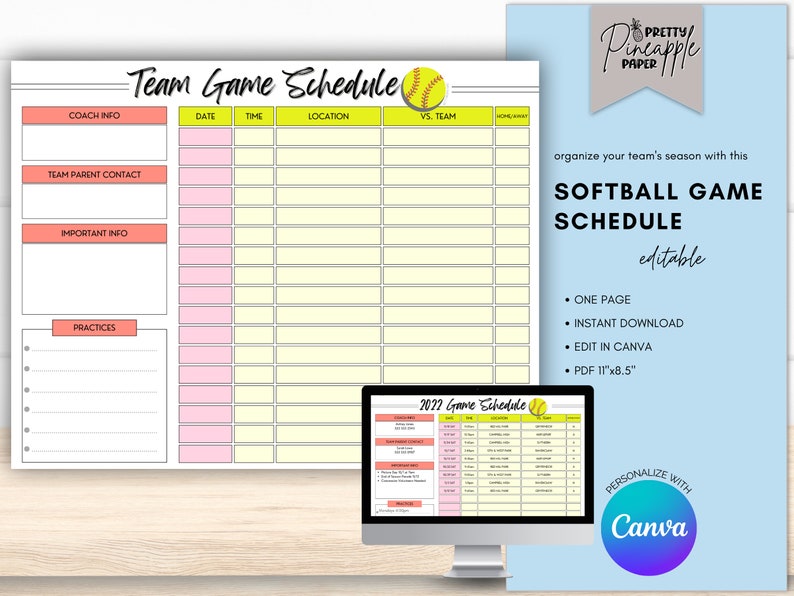 Editable Softball Game Schedule Template Instant Download to Organize ...