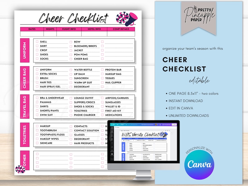 Editable Cheer Checklist Template, Instant Digital Download, Edit in ...