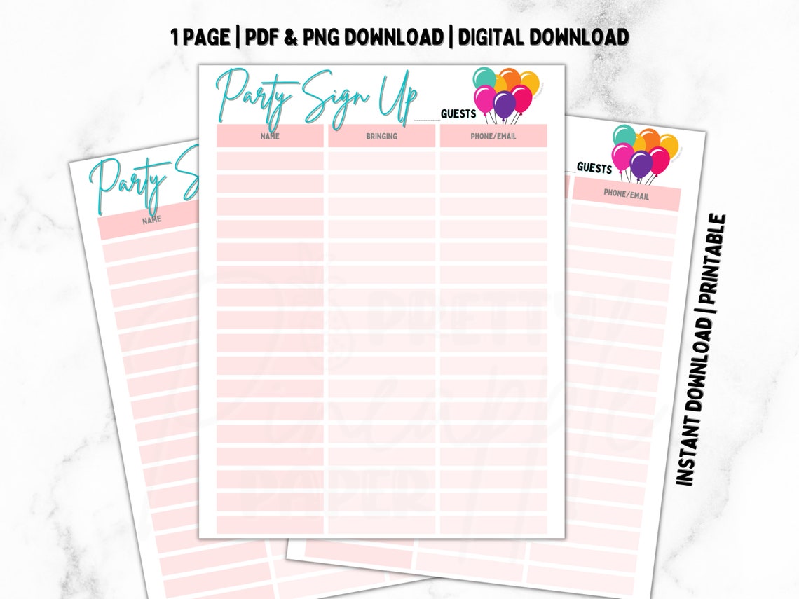 Printable Party Volunteer Sign up Sheet Download Potluck | Etsy