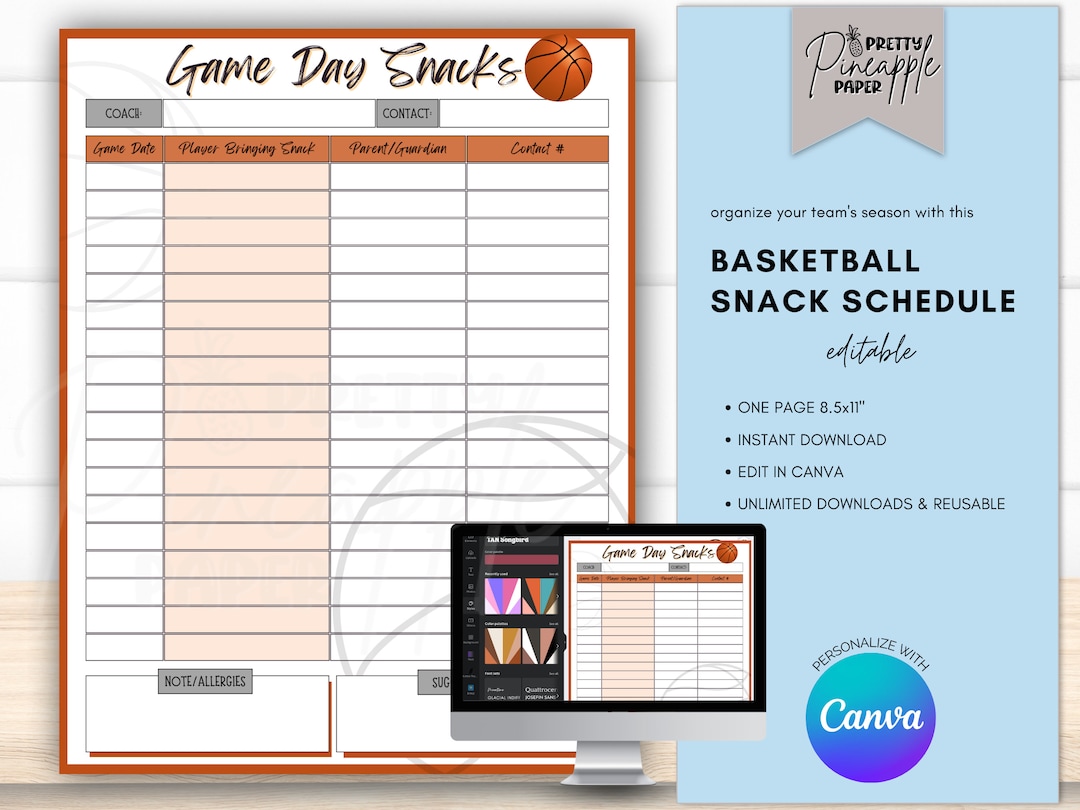 Editable Basketball Game Day Snack Schedule Template. Instant Download ...