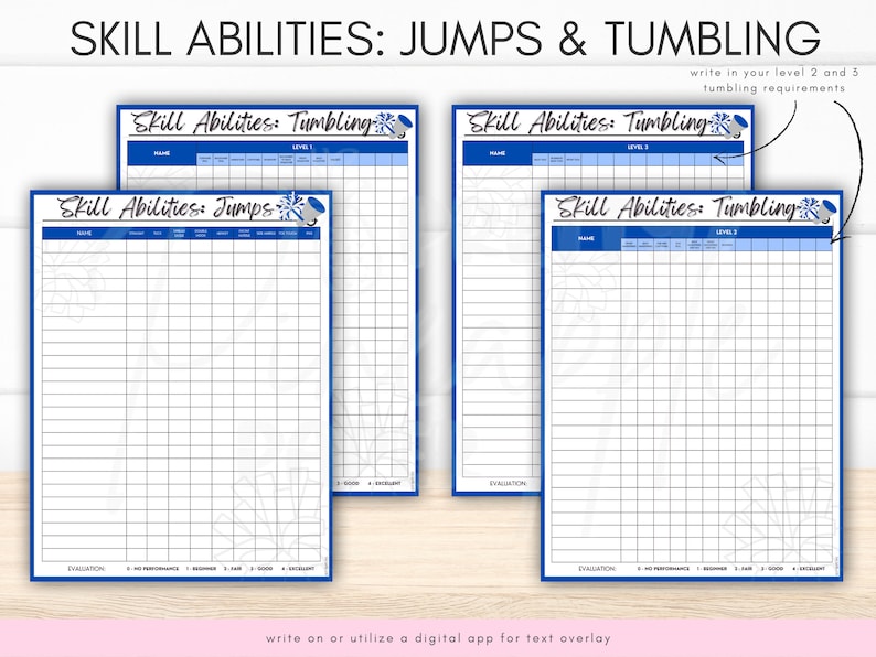 Printable Cheer Progress, Skills, Goals, Tumbling, Evaluation, Jump ...
