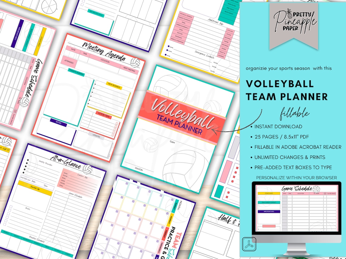 Fillable Printable Volleyball Planner for Coach, Captain and Team, Game ...