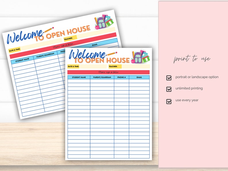 Printable School Open House Sign in Sheet Instant Digital - Etsy
