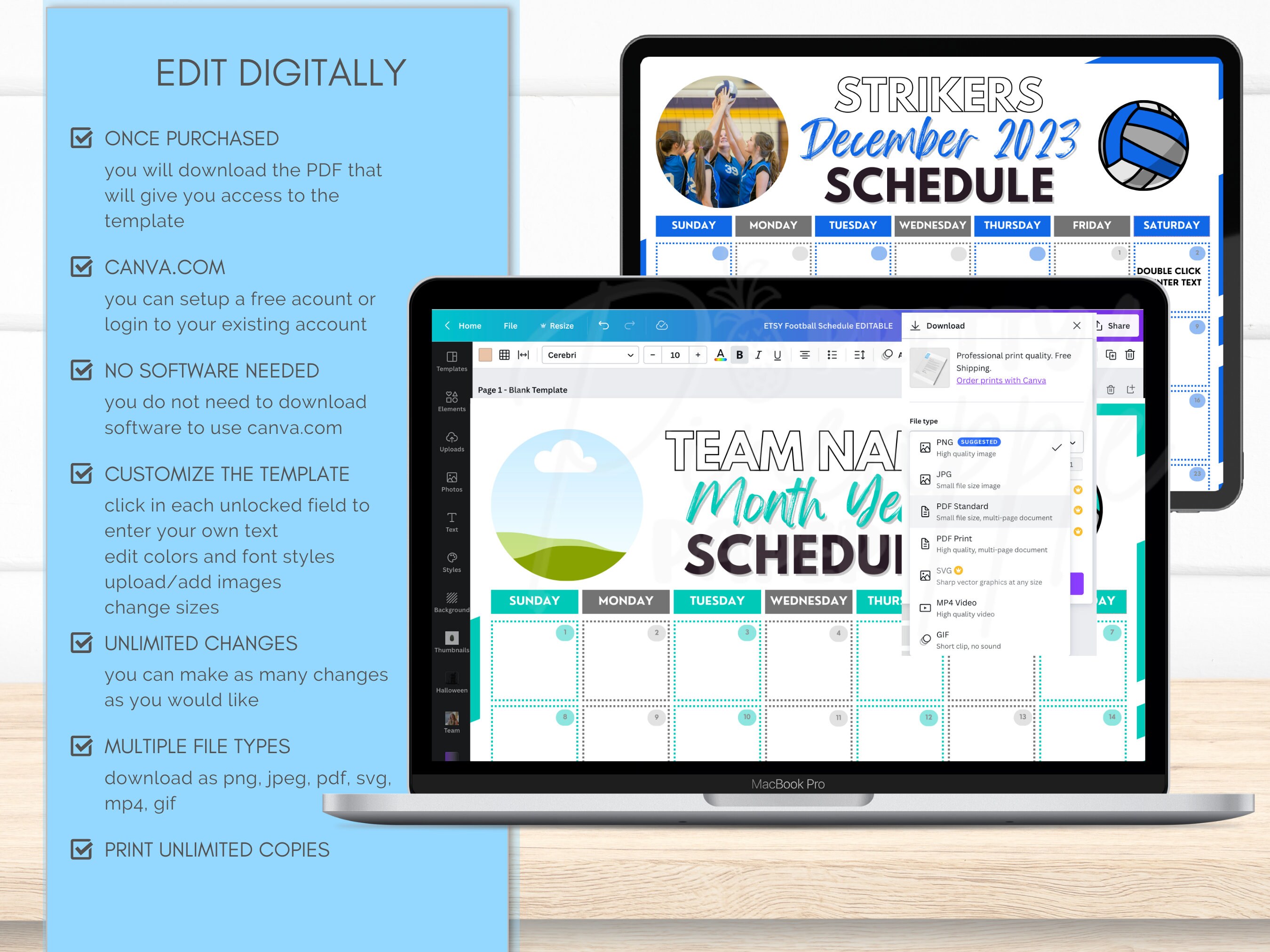 Editable Volleyball Calendar Template, Instant Download Practice Game ...