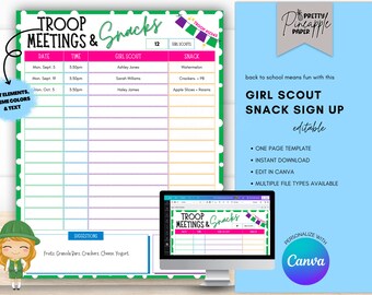 Girl Scout Snack Troop Meeting Sign up Sheet Printable PDF Template - Etsy