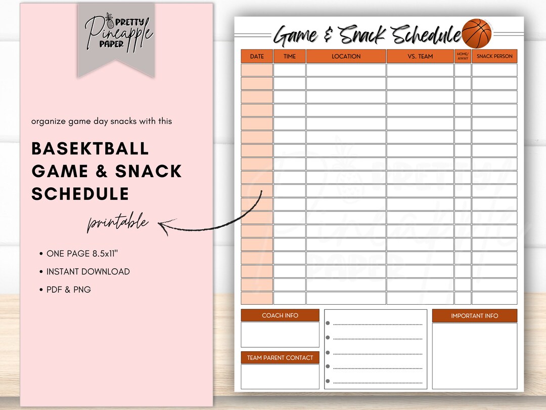 Printable Basketball Team Game Day and Snack Schedule, Instant Download ...