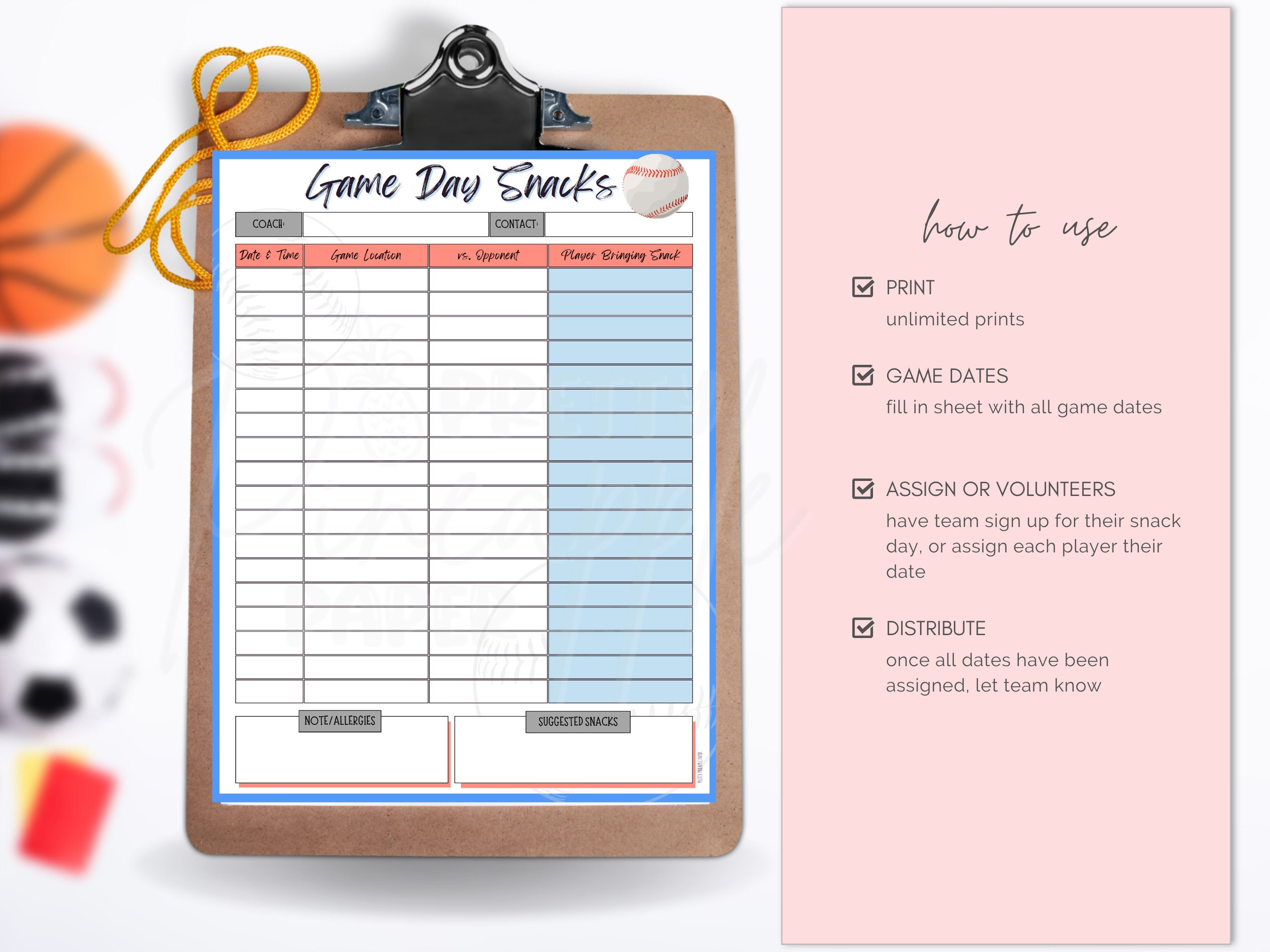 Printable Team Snack Volunteer Sign up Instant Download Template. Game ...