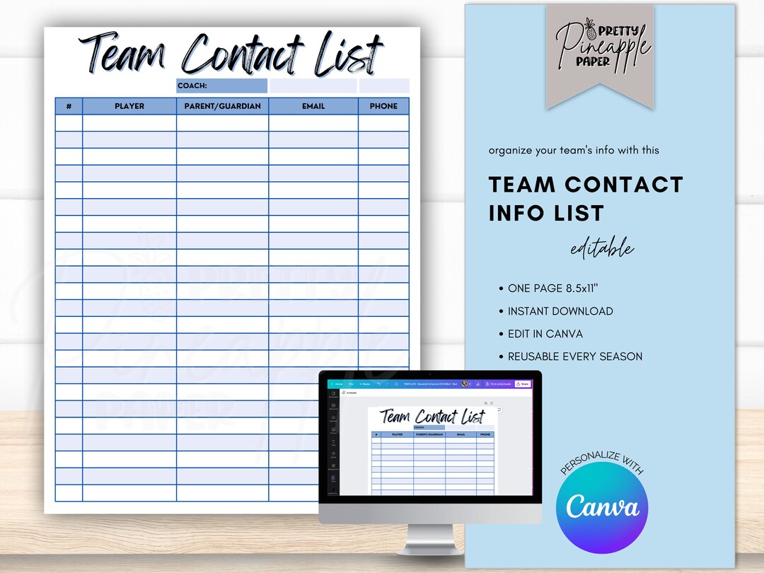 Editable Team Contact List, Instant Download for Coach, Team Mom or Dad ...