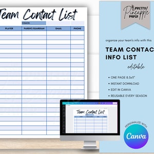 Editable Team Contact List, Instant Download for Coach, Team Mom or Dad ...