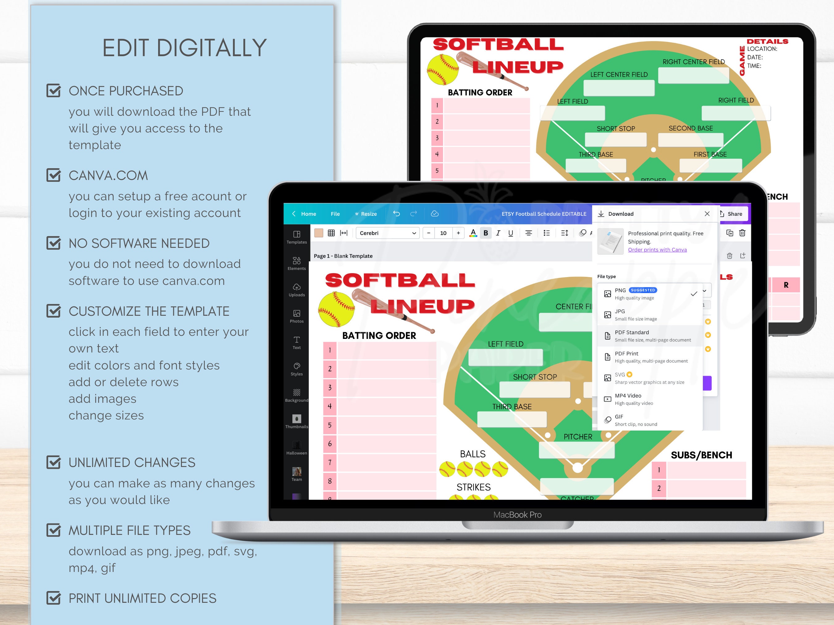 Editable Softball Line up and Field Position Sheet Batting Order Dugout ...