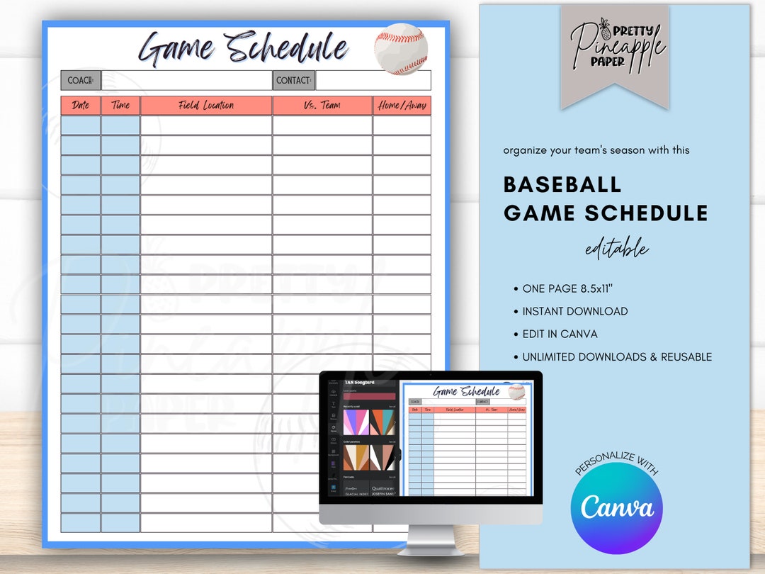 Editable Baseball or Tball Game Schedule, Instant Download Sports ...