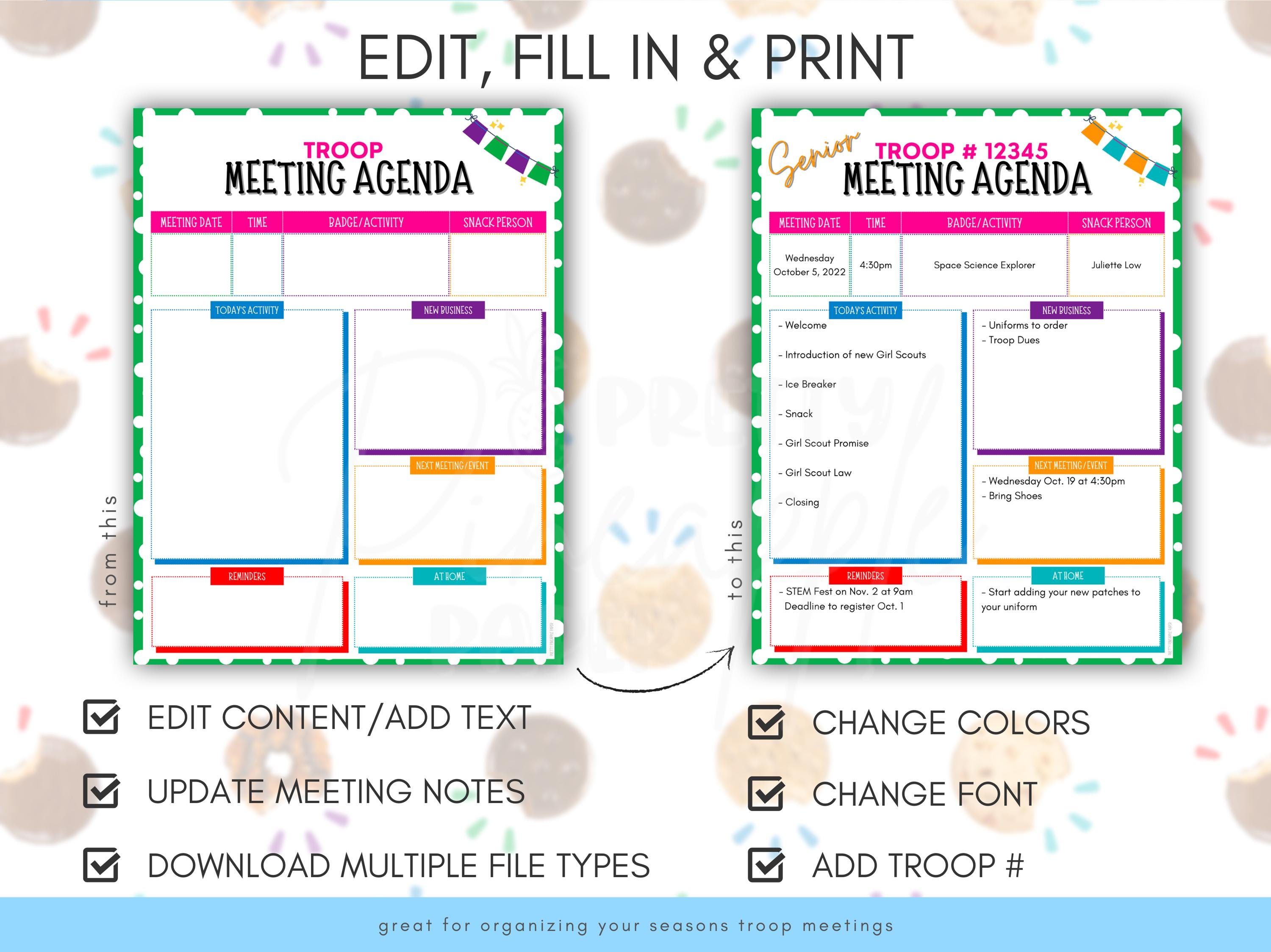 Editable Troop Meeting Agenda Template, Meeting Notes, Instant Digital ...