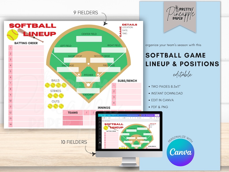 Editable Softball Line up and Field Position Sheet Batting Order Dugout ...