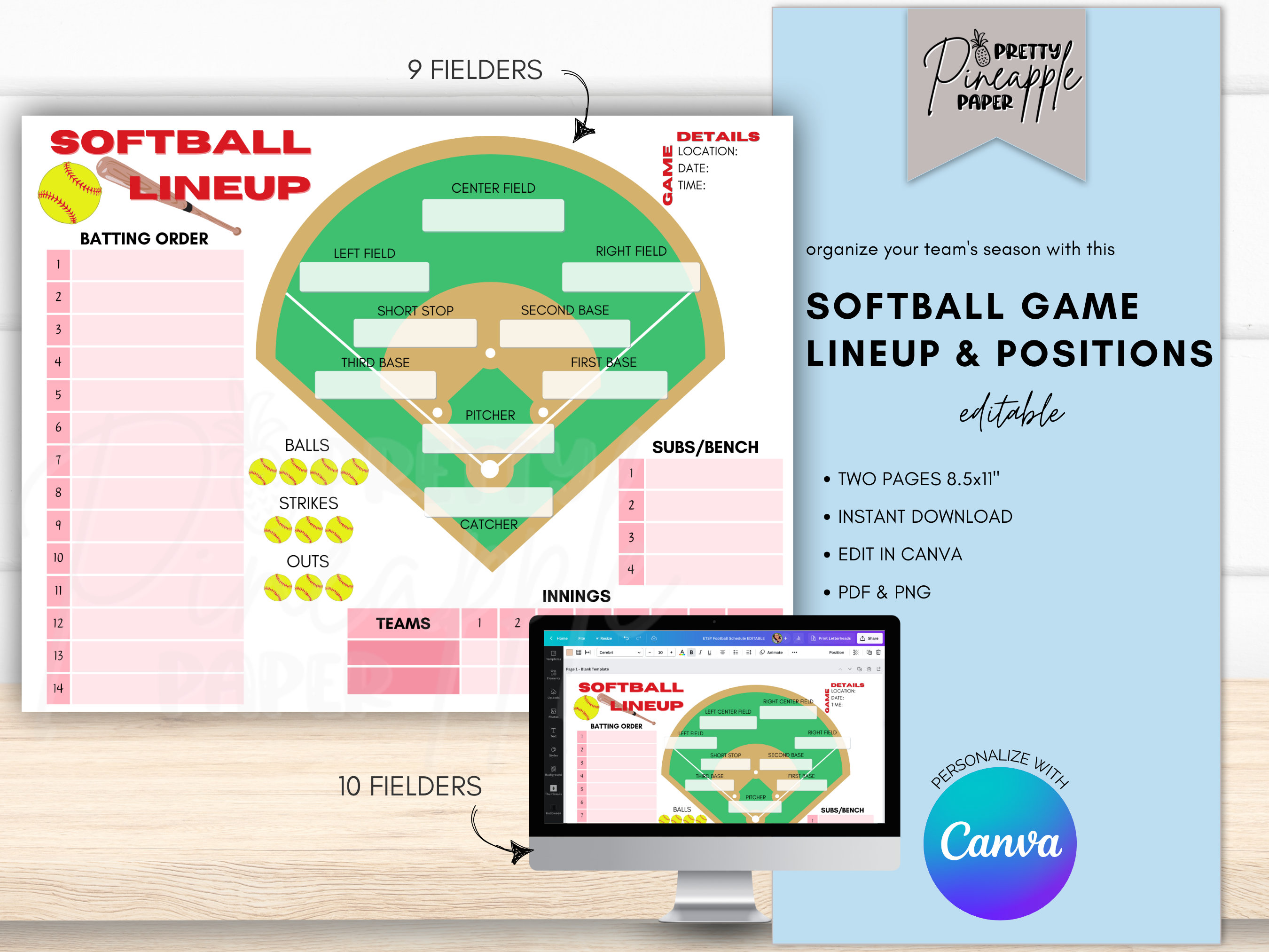 Editable Softball Line up and Field Position Sheet Batting Order Dugout ...