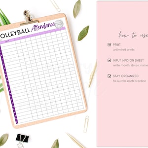 Printable Volleyball Season Attendance Sheet Instant Download Template ...