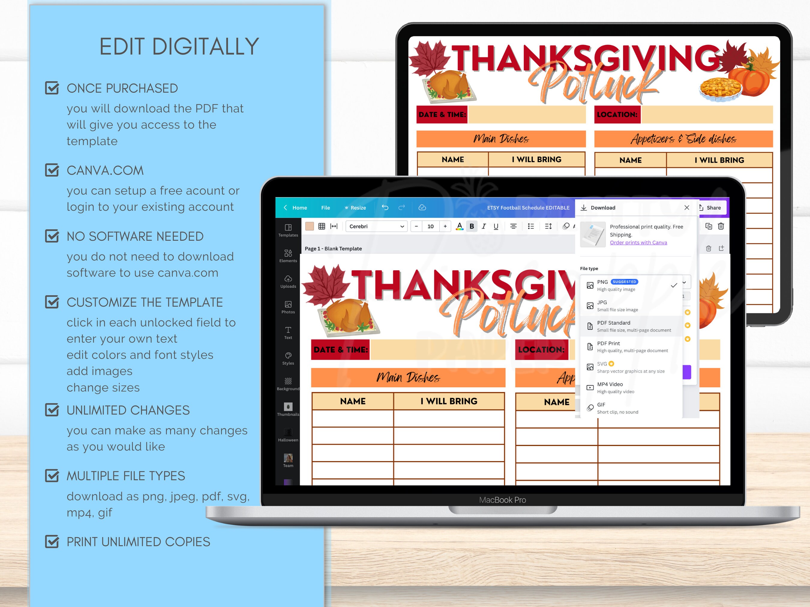 Editable Thanksgiving Potluck Party Sign up Sheet, Instant Digital ...