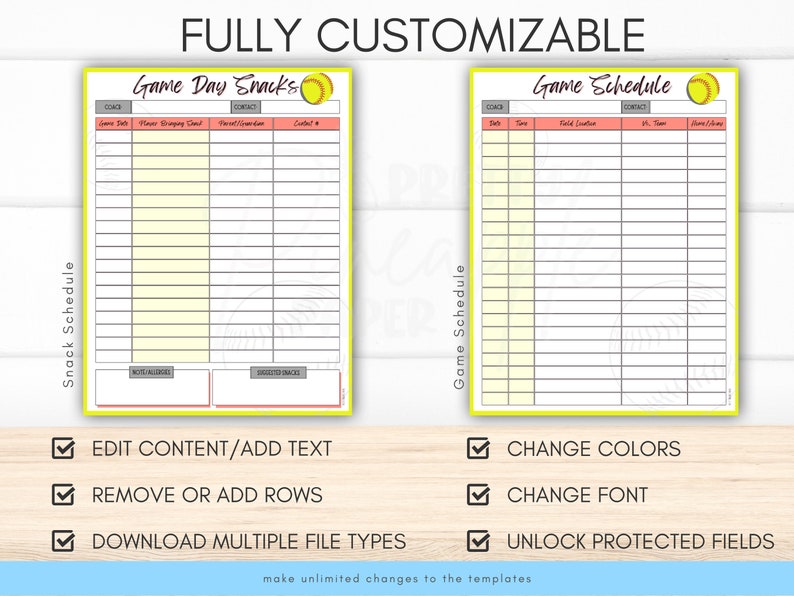 Editable Softball Snack Sign up & Game Schedule Template Bundle ...