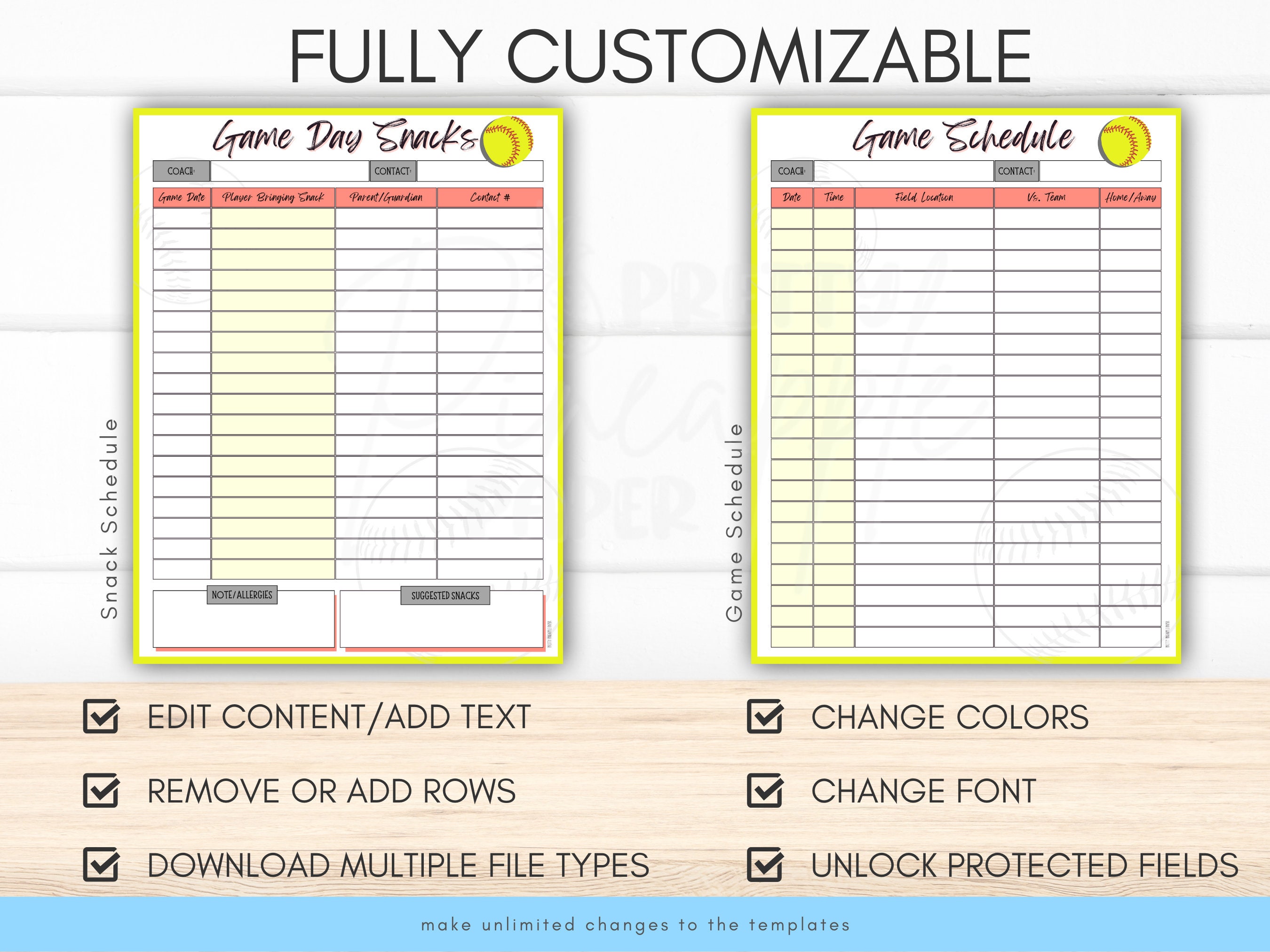 Editable Softball Snack Sign up & Game Schedule Template Bundle ...