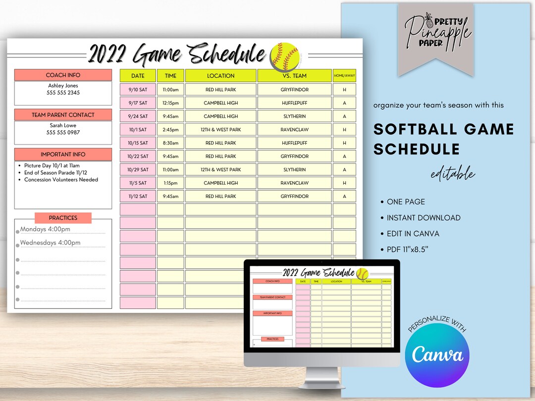 Editable Softball Game Schedule Template Instant Download to - Etsy