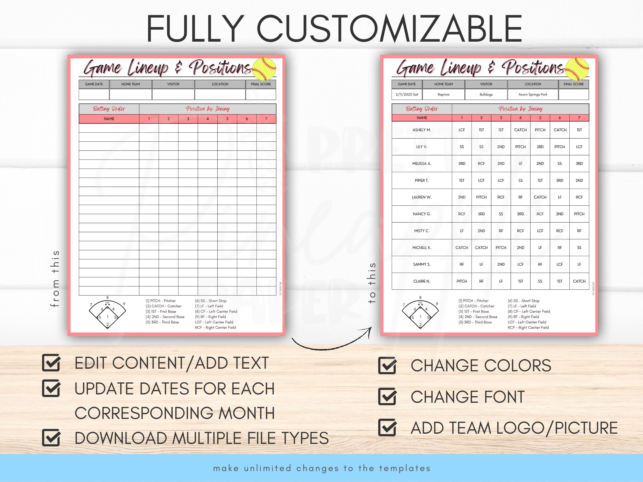 Editable Softball Positions by Inning Template, Game Day Team Info ...