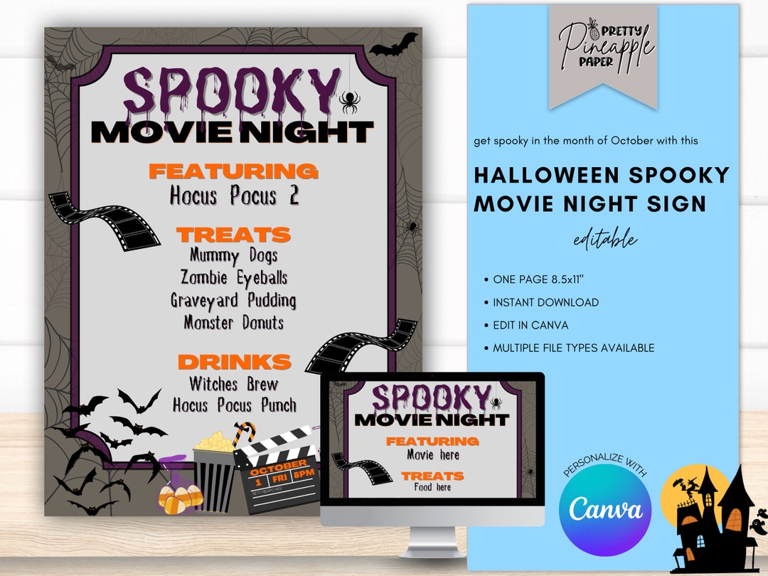 Editable Halloween Spooky Movie Night Sign, Movie Night Printable ...