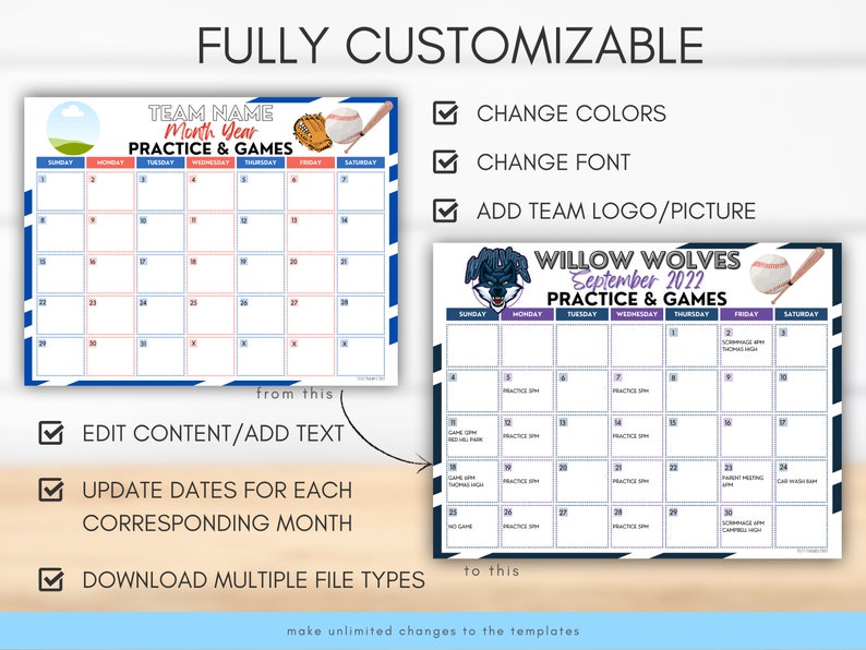 Editable Baseball Calendar Template Instant Download Practice - Etsy