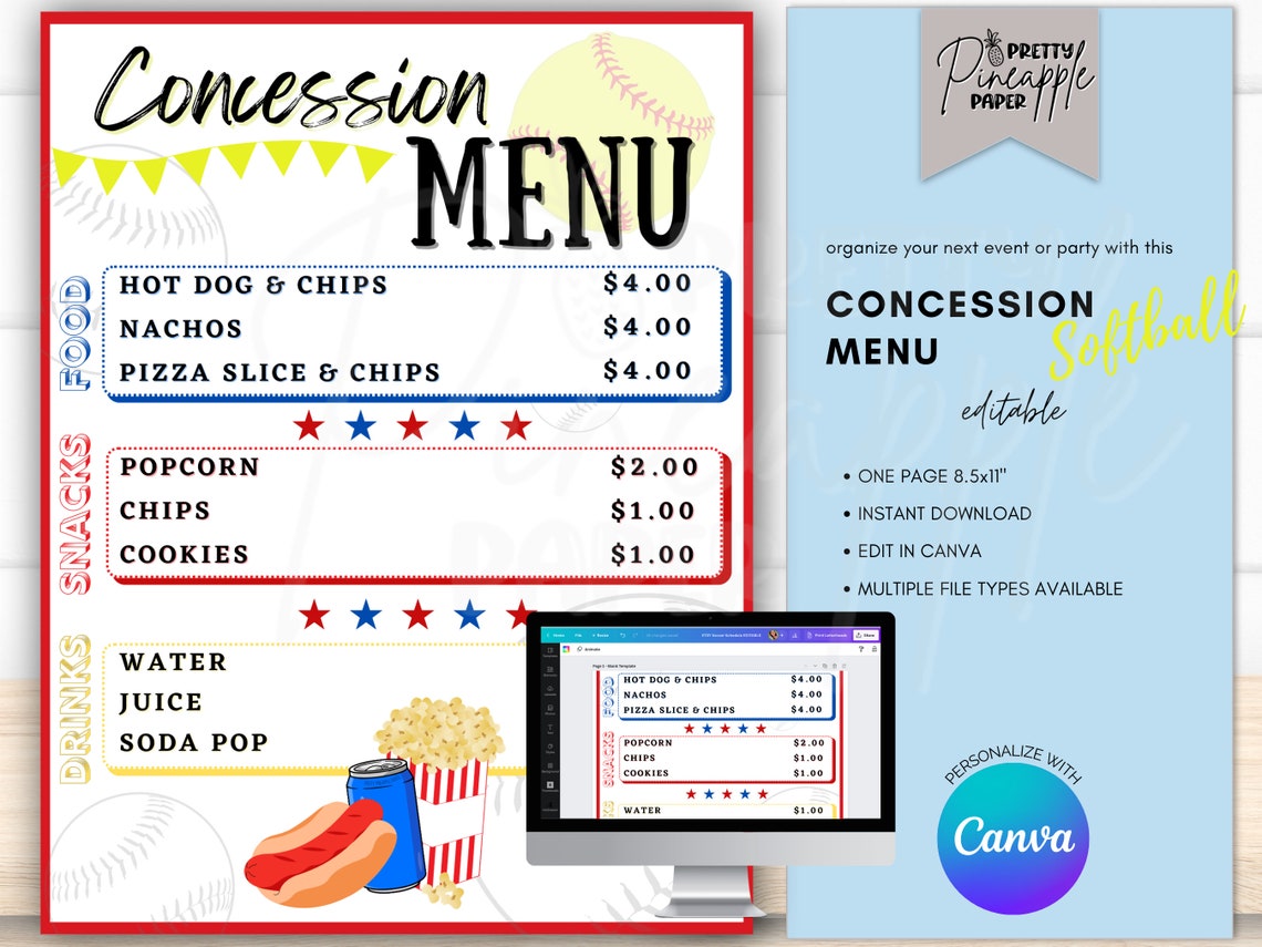 Editable Concession Stand Menu Softball, Instant Download Canva ...