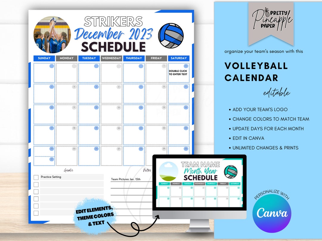Editable Volleyball Calendar Template, Instant Download Practice Game ...
