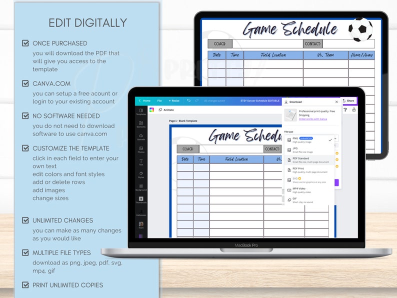 Editable Soccer Game Schedule Template, Instant Digital Download to ...