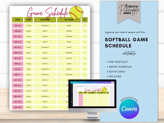 Editable Softball Game Schedule Template. Instant Download to - Etsy