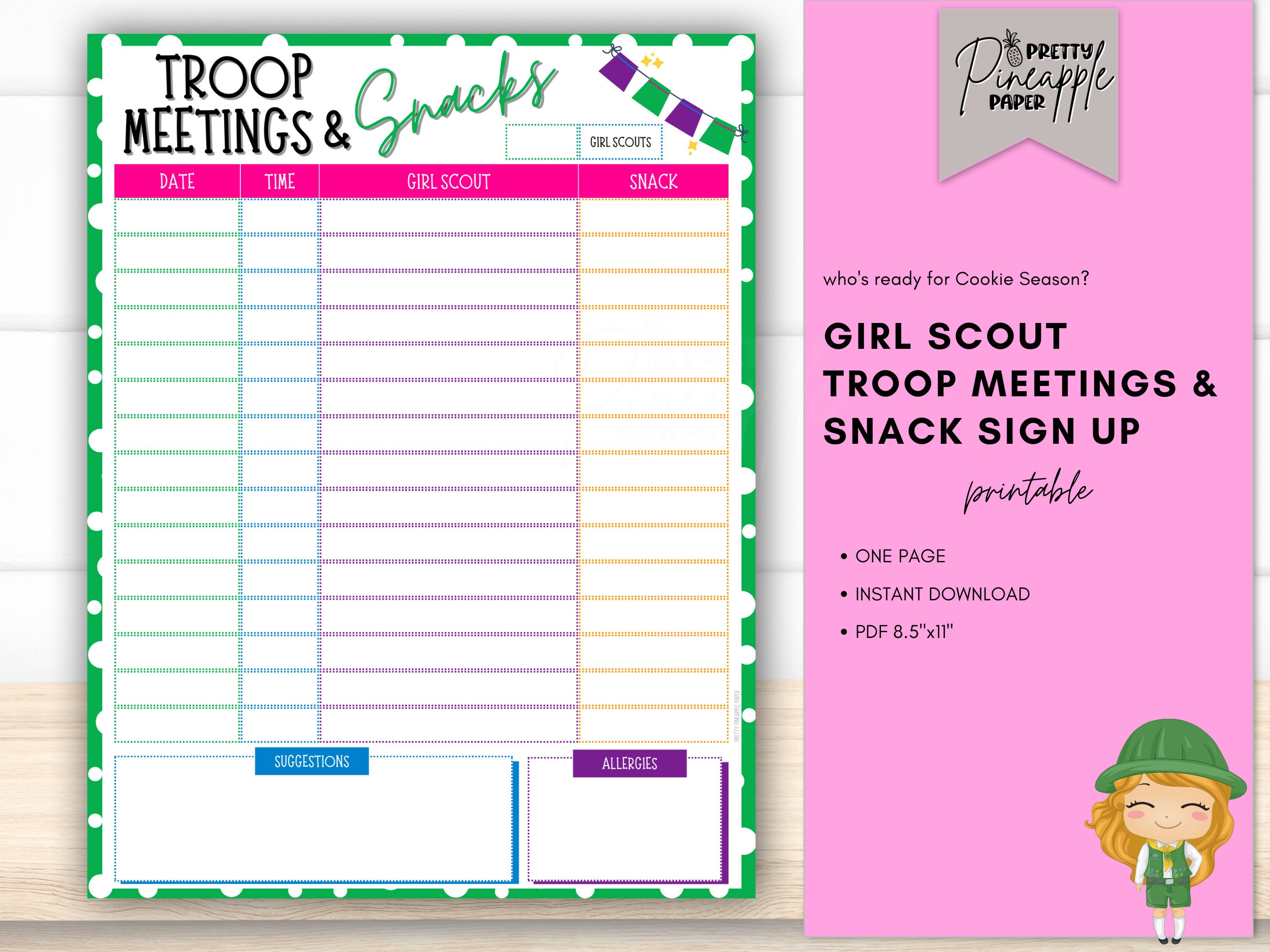Printable Girl Scout Troop Meetings and Snack Schedule, Sign up Sheet ...