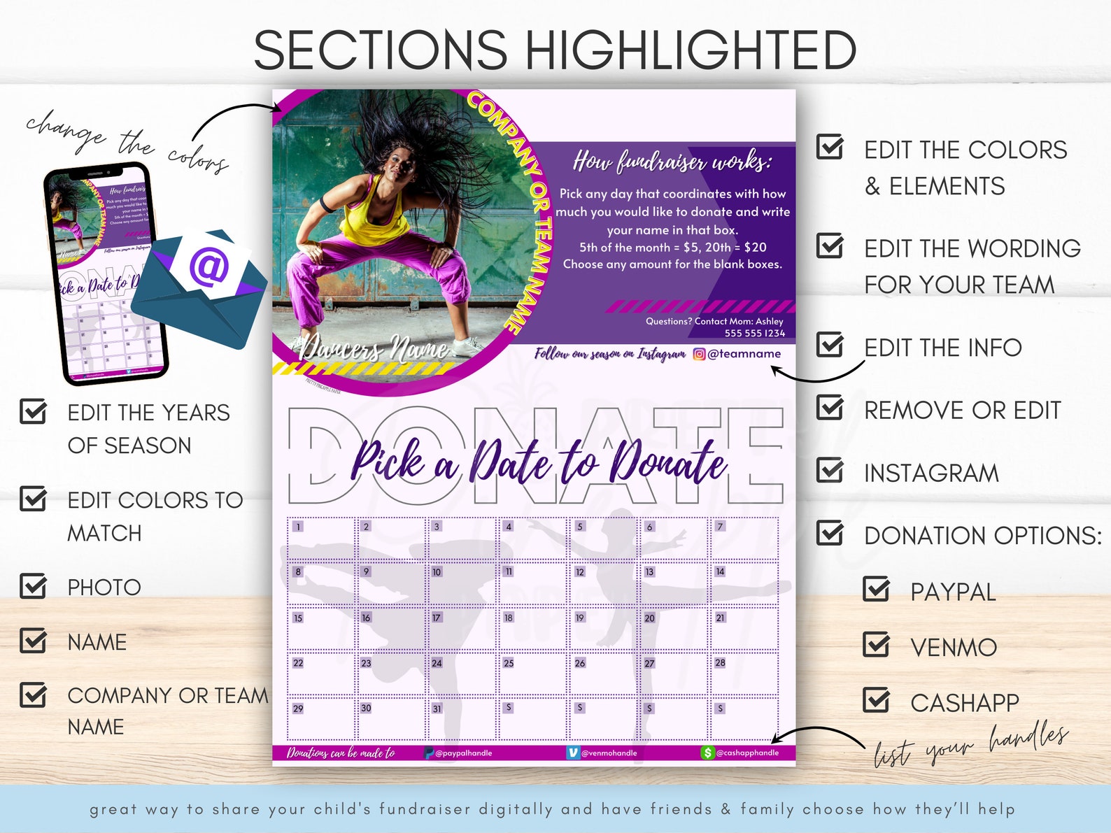 Editable Dancer - Calendar Fundraiser Template, Pick a Date to Donate ...