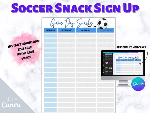 Editable Soccer Game Day Snack Schedule Template. Instant | Etsy
