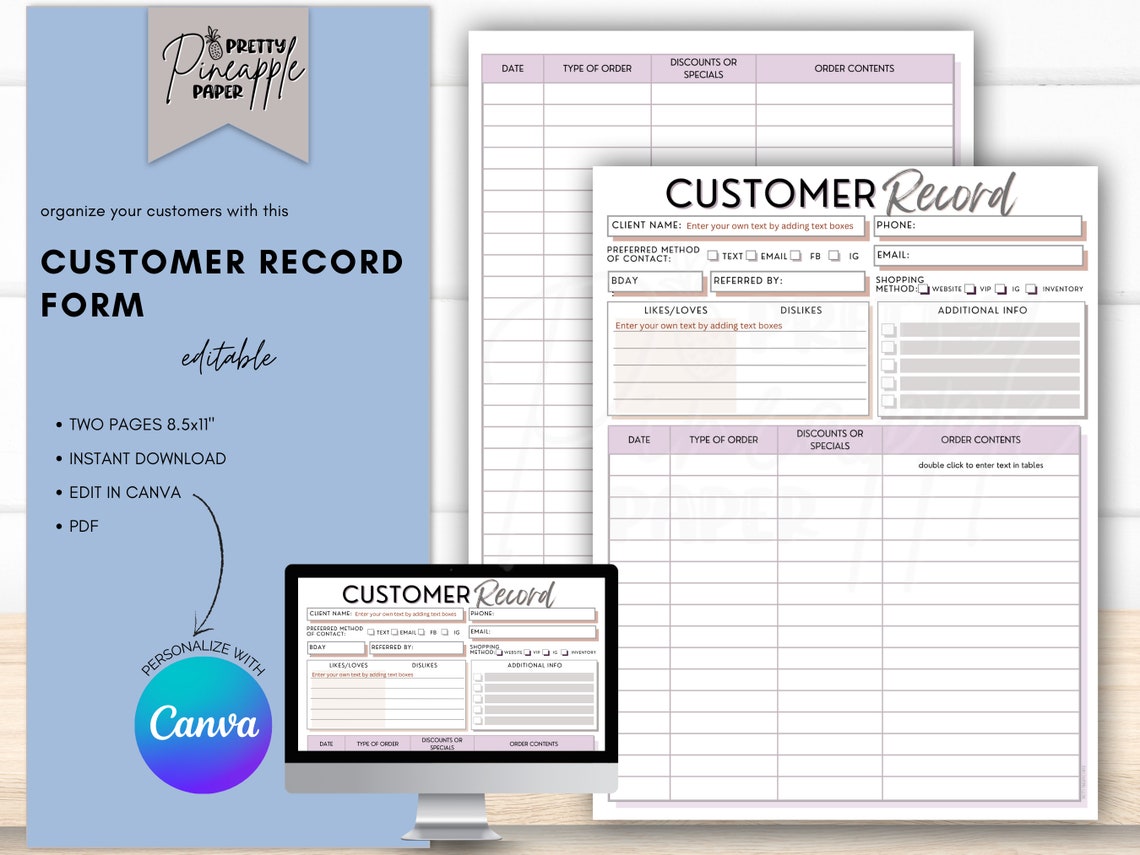 Editable Customer Record Planner Sheet Instant Download Edit - Etsy
