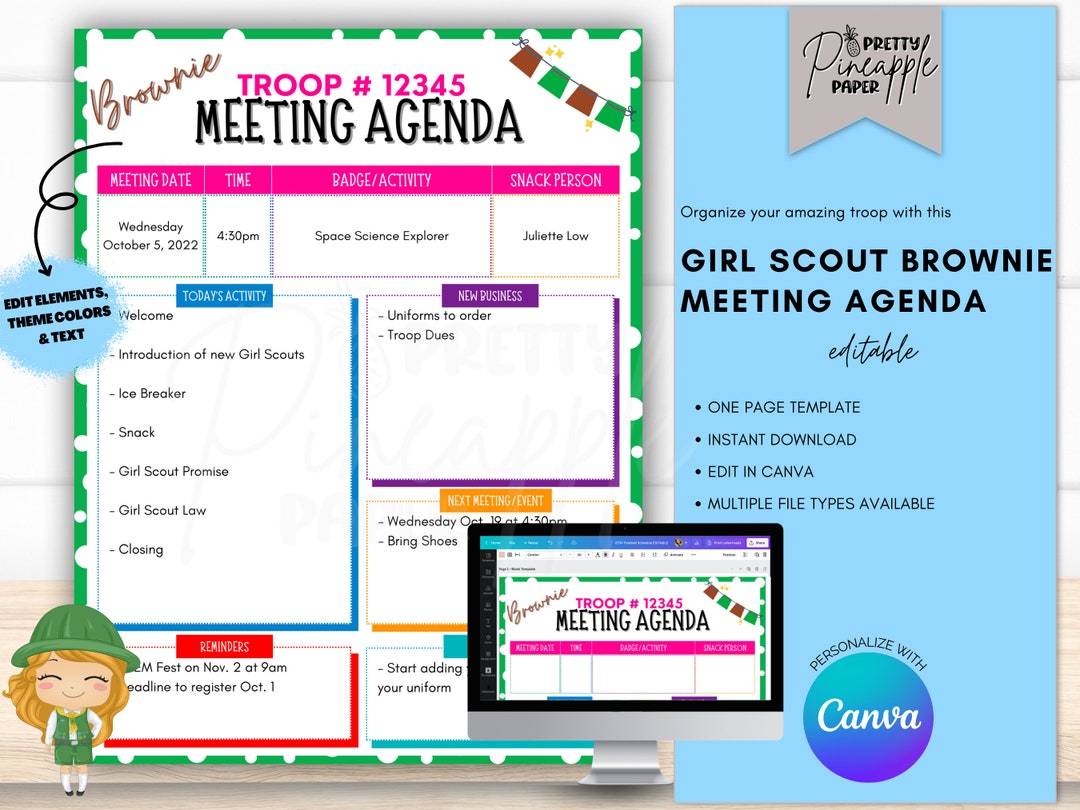 Editable Girl Scout Brownie Troop Meeting Agenda Template, Meeting ...