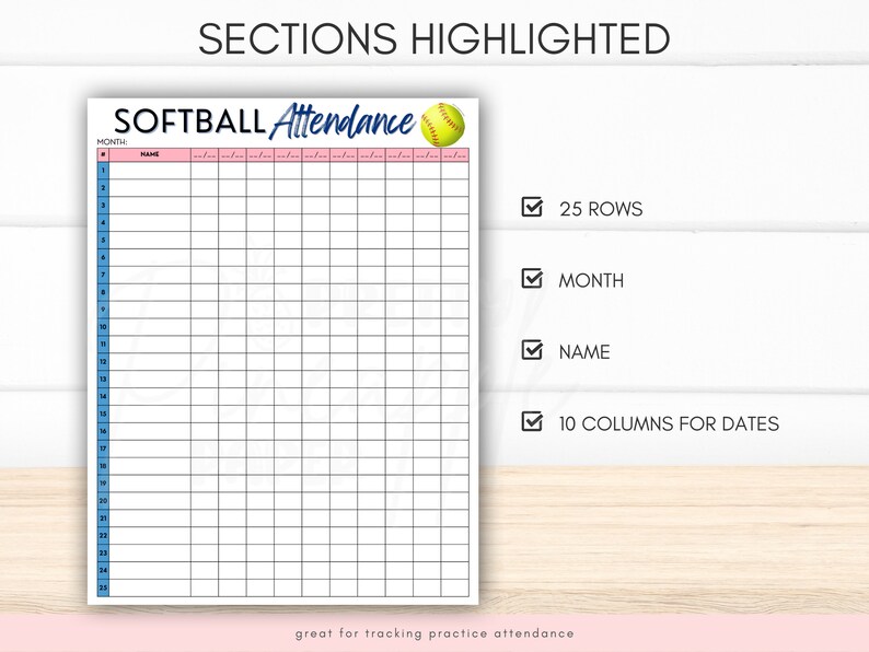 Printable Softball Season Attendance Sheet Instant Download Template ...