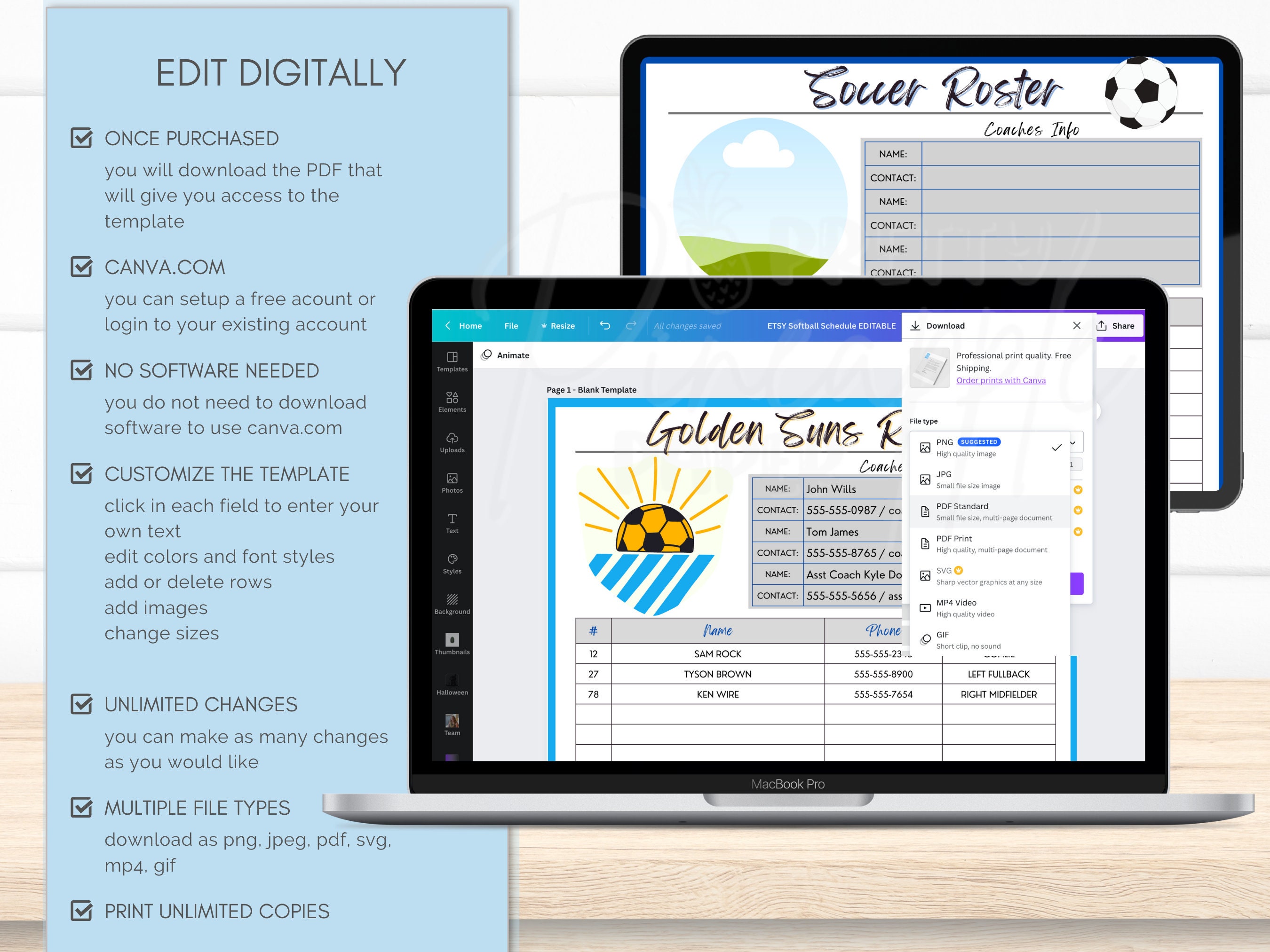 Editable Soccer Roster Template, Game Day Team Info, Coach Planner ...