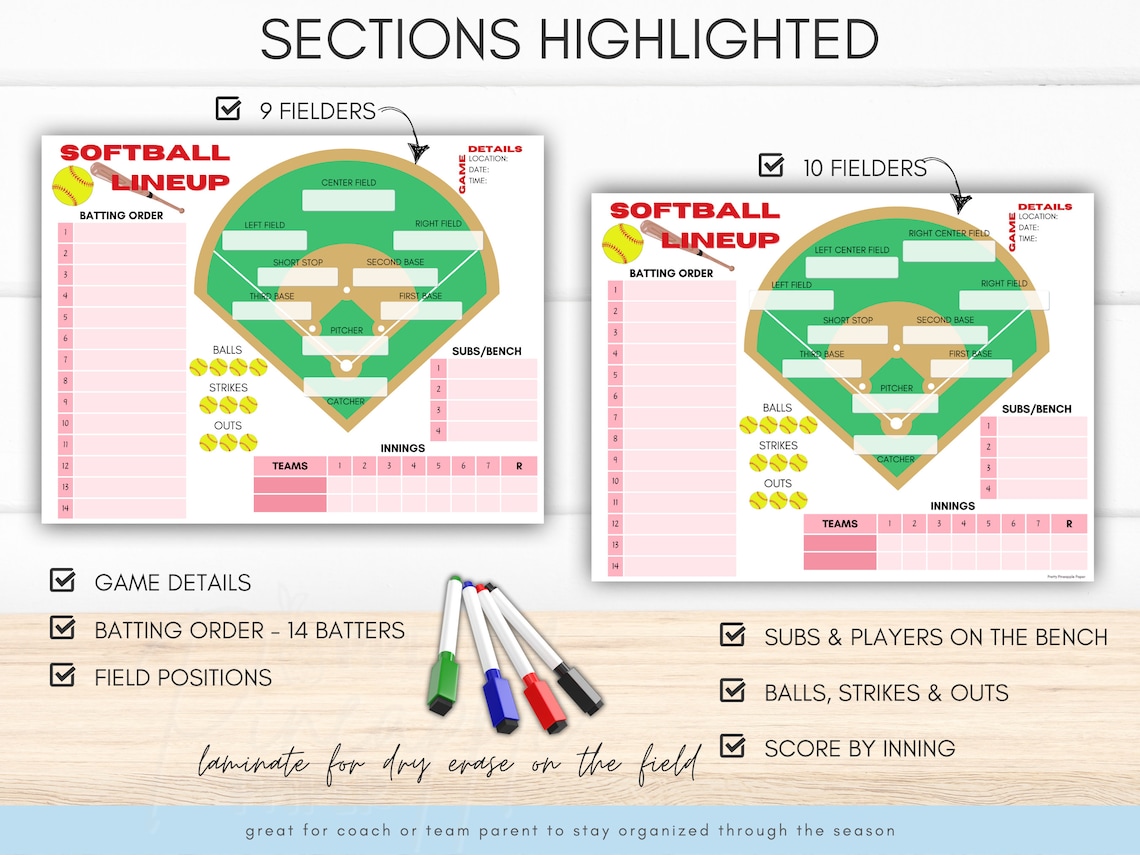 Editable Softball Line up and Field Position Sheet Batting Order Dugout ...