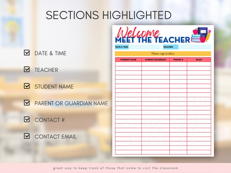 Printable Meet the Teacher Sign in Sheet, Instant Digital Download ...
