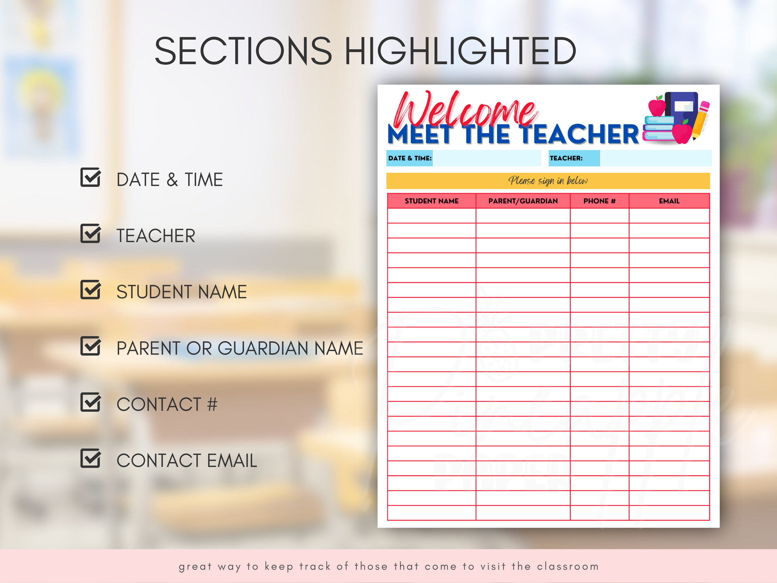 Printable Meet the Teacher Sign in Sheet, Instant Digital Download ...