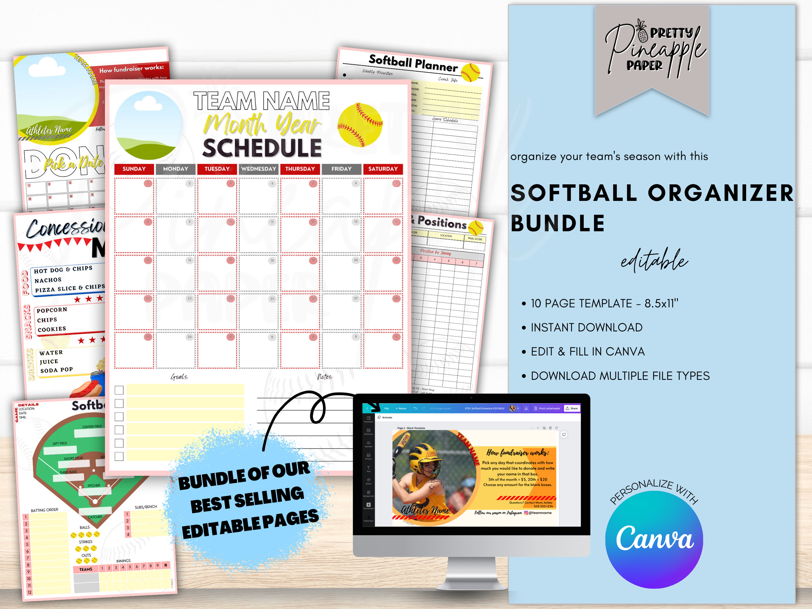 Editable Softball Organizer Planner Bundle Pages, Coach, Team Mom, Game ...