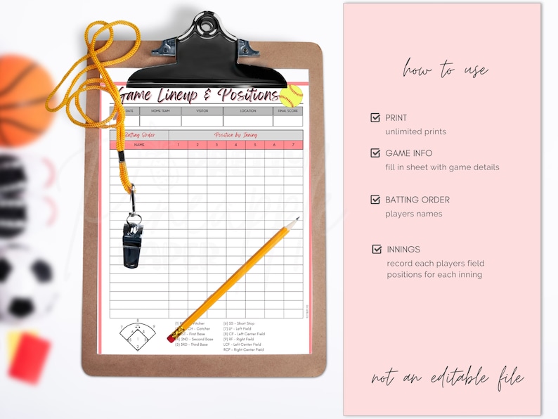 Printable Softball Team Line up and Field Positions, Instant Download ...