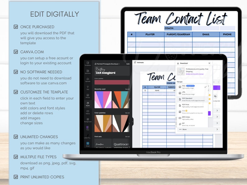 Editable Team Contact List, Instant Download for Coach, Team Mom or Dad ...