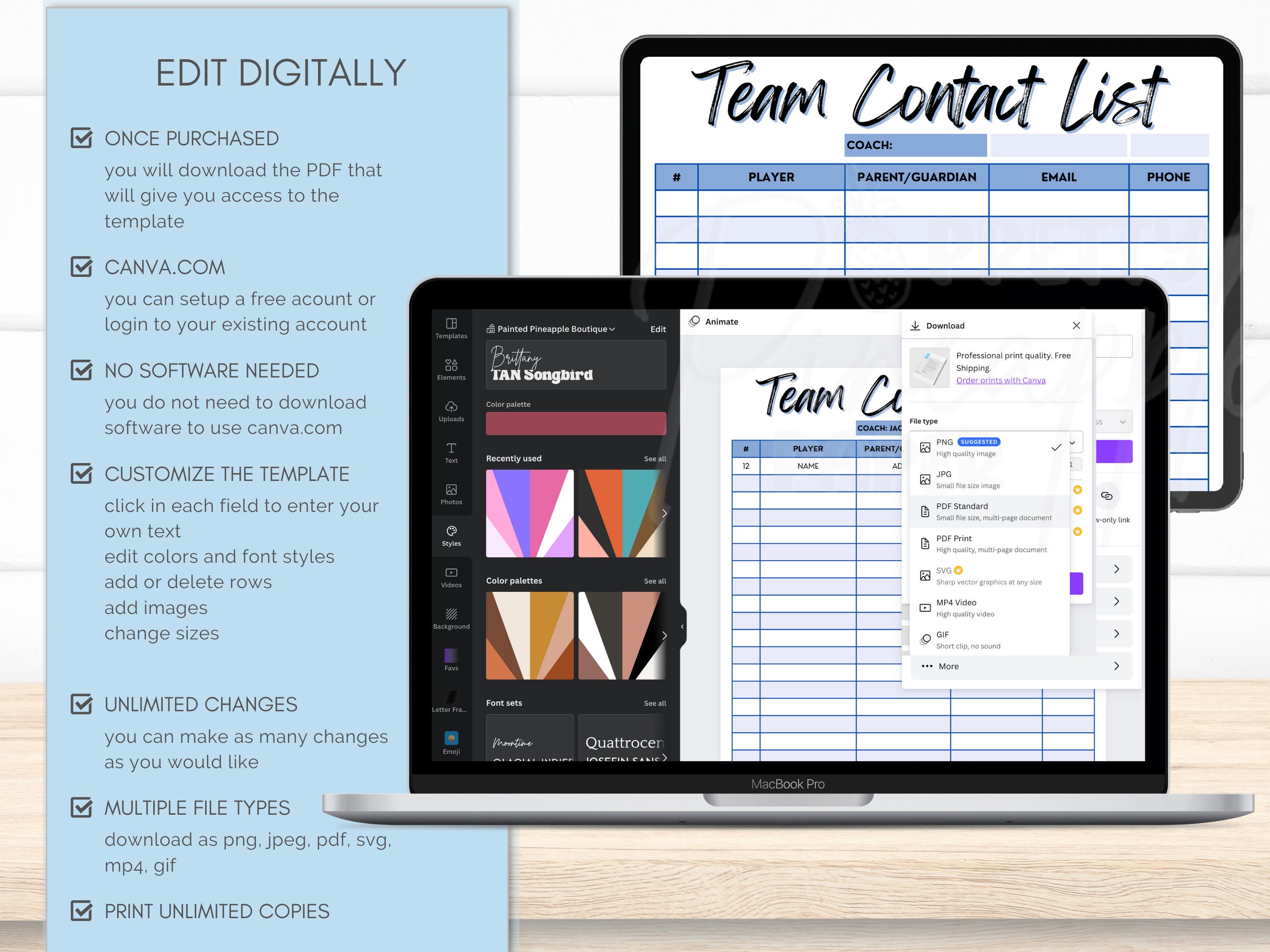 Editable Team Contact List, Instant Download for Coach, Team Mom or Dad ...