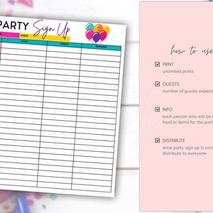 Printable Party Volunteer Sign up Sheet Instant Download for Potluck ...