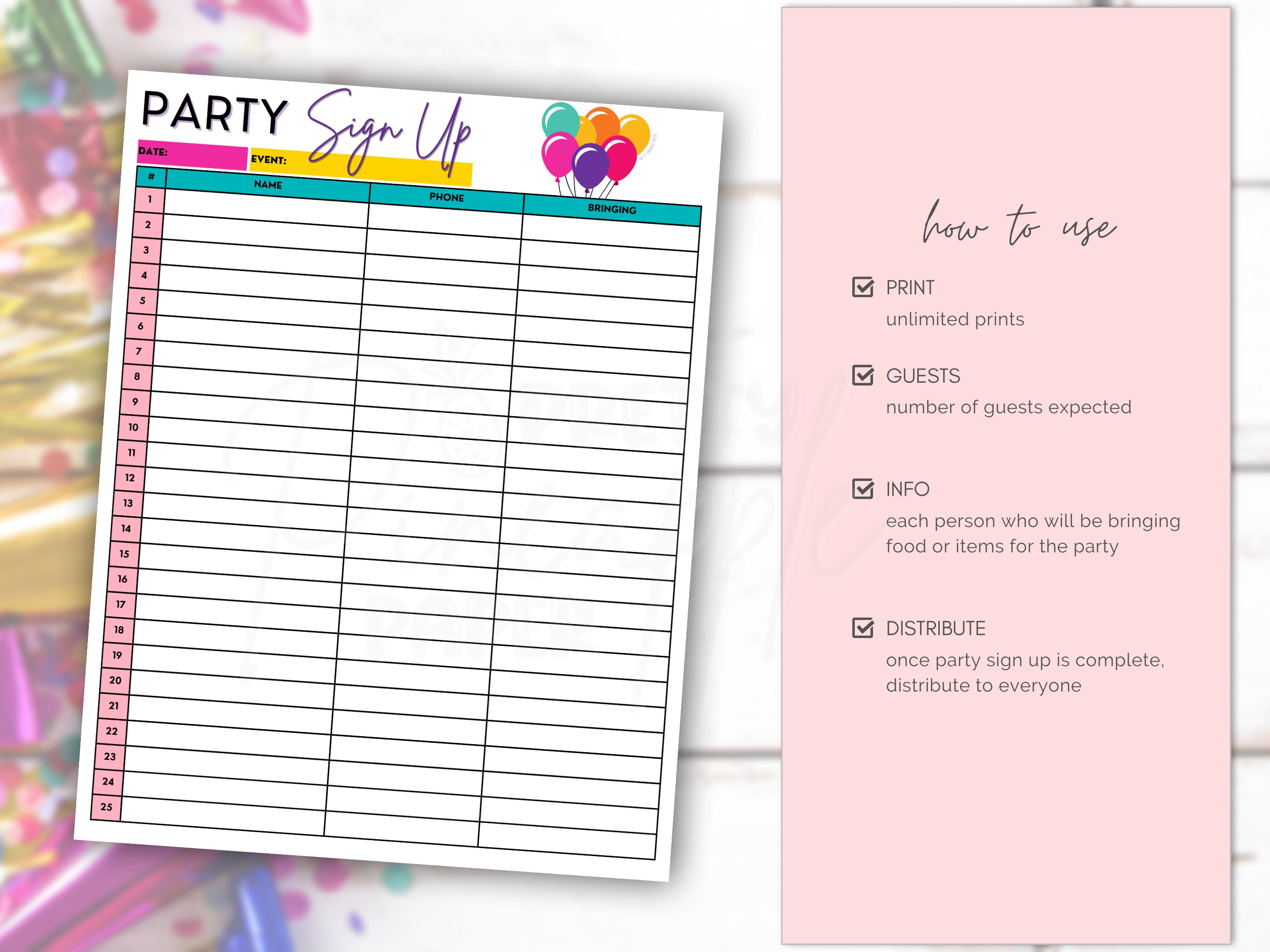 Printable Party Volunteer Sign up Sheet Instant Download for Potluck ...